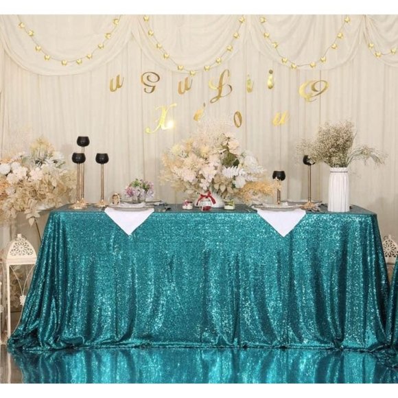Dining | Teal 6x102 Inch Sequin Rectangle Dark Green Tablecloth Wedding ...